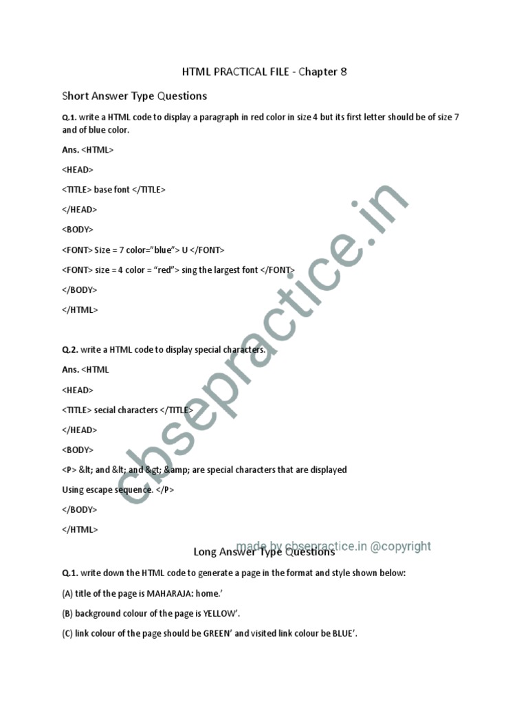 HTML Practical File - Chapter 8 Short Answer Type Questions | PDF ...