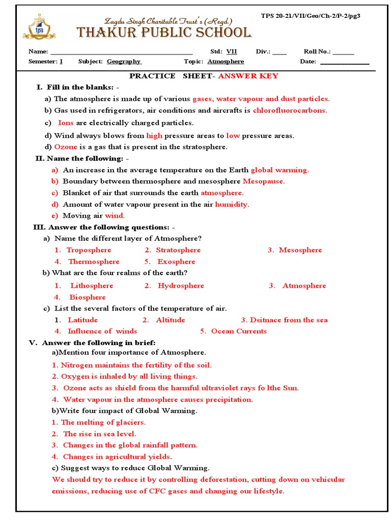 Practice Sheet-I. Fill in The Blanks: - : Answer Key | Download Free ...