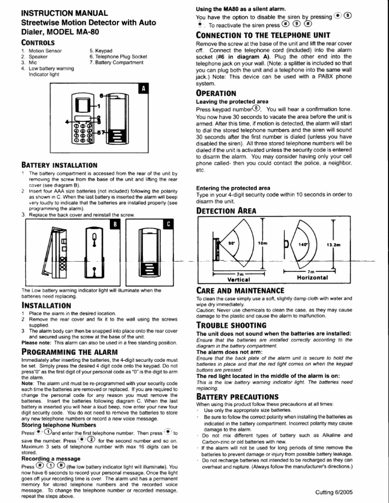 ALARM Sensor MA80 - INSTRUCTIONS | PDF | Telephony | Electrical Engineering