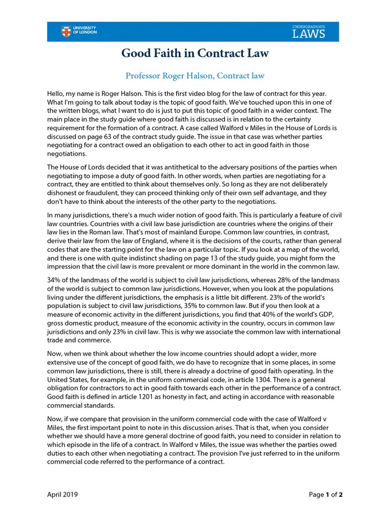 Good Faith in Contract Law | PDF | Common Law | Jurisdiction