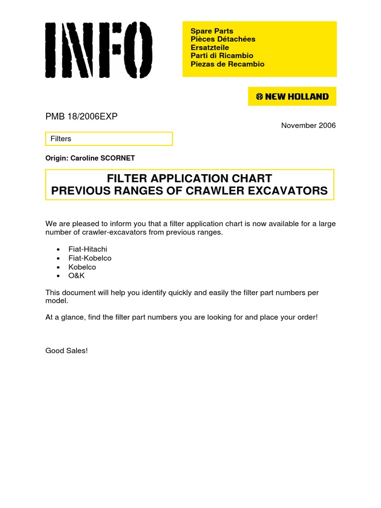 Filter Application Chart Previous Ranges of Crawler Excavators | PDF ...