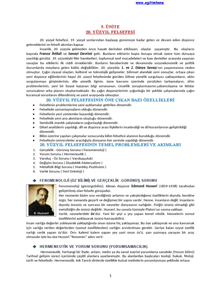 5.UNITE 20.YY FELSEFESI Ozet | PDF