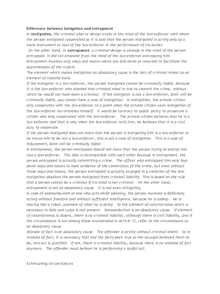 Difference Between Instigation and Entrapment | PDF | Entrapment | Crime & Violence