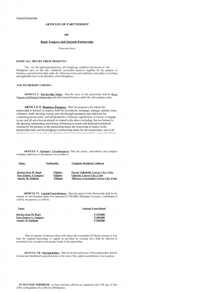 Articles of Partnership Sample | PDF
