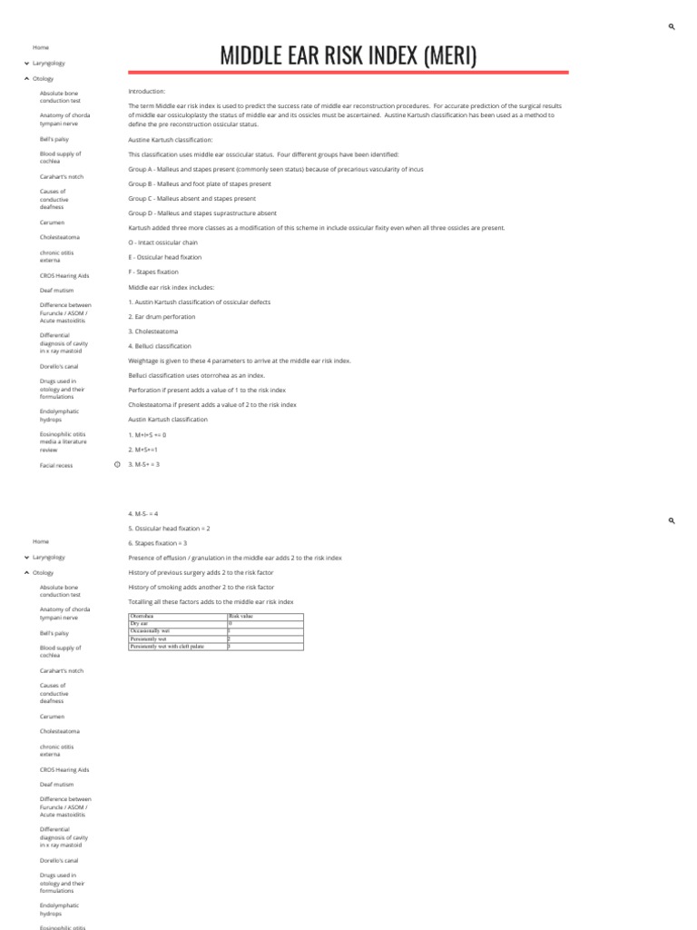 Middle Ear Risk Index (MERI) | PDF | Ear | Human Head And Neck