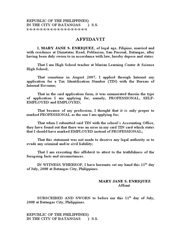 Affidavit Tin | PDF | Affidavit | Legal Procedure