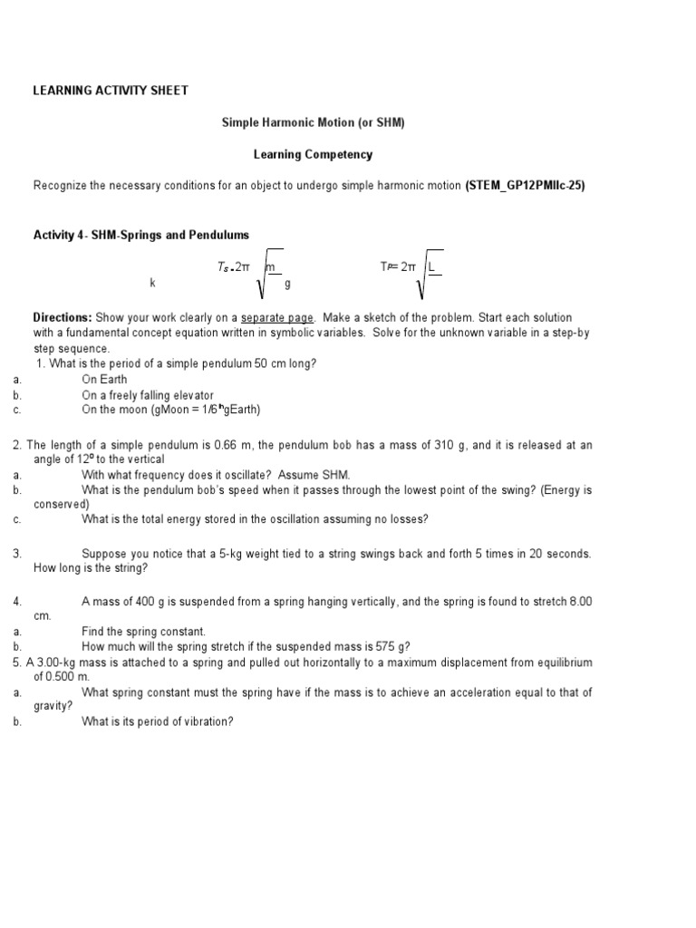 Simple Harmonic Motion (Or SHM) : Learning Activity Sheet | PDF