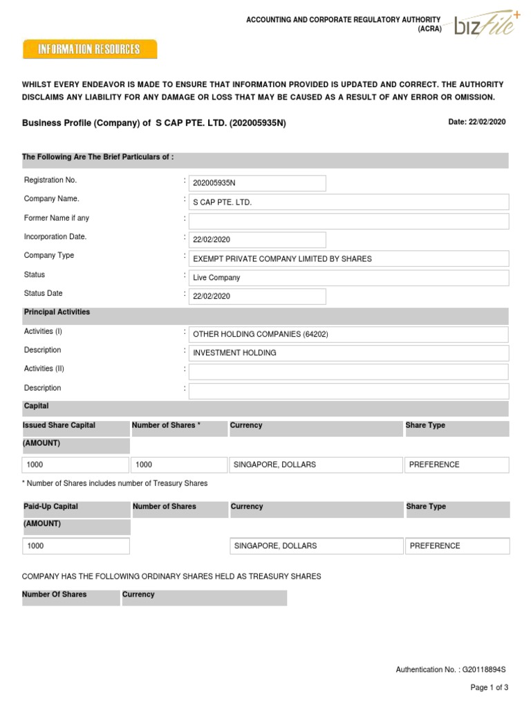 Business Profile (Company) of S CAP PTE. LTD. (202005935N) : Accounting ...
