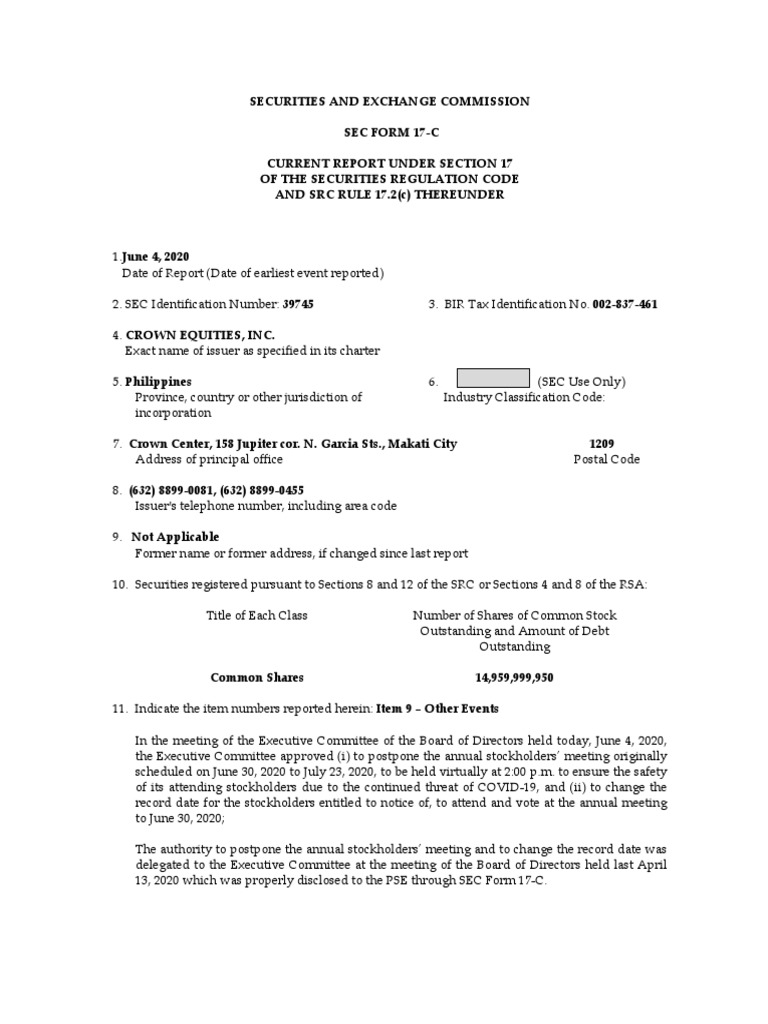 Securities and Exchange Commission Sec Form 17-C Current Report Under ...