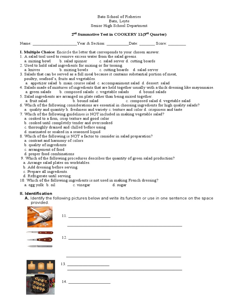 Senior High School Summative Test in Cookery: Identifying Cooking Tools ...