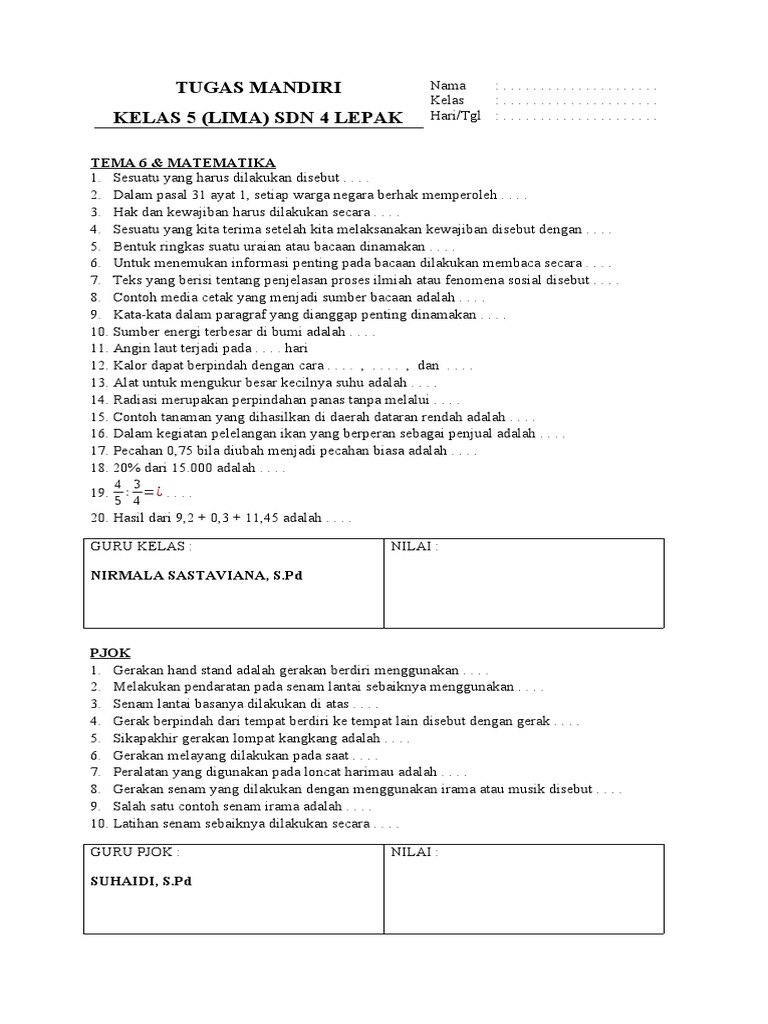 TUGAS MANDIRI Kelas 5 SD | PDF