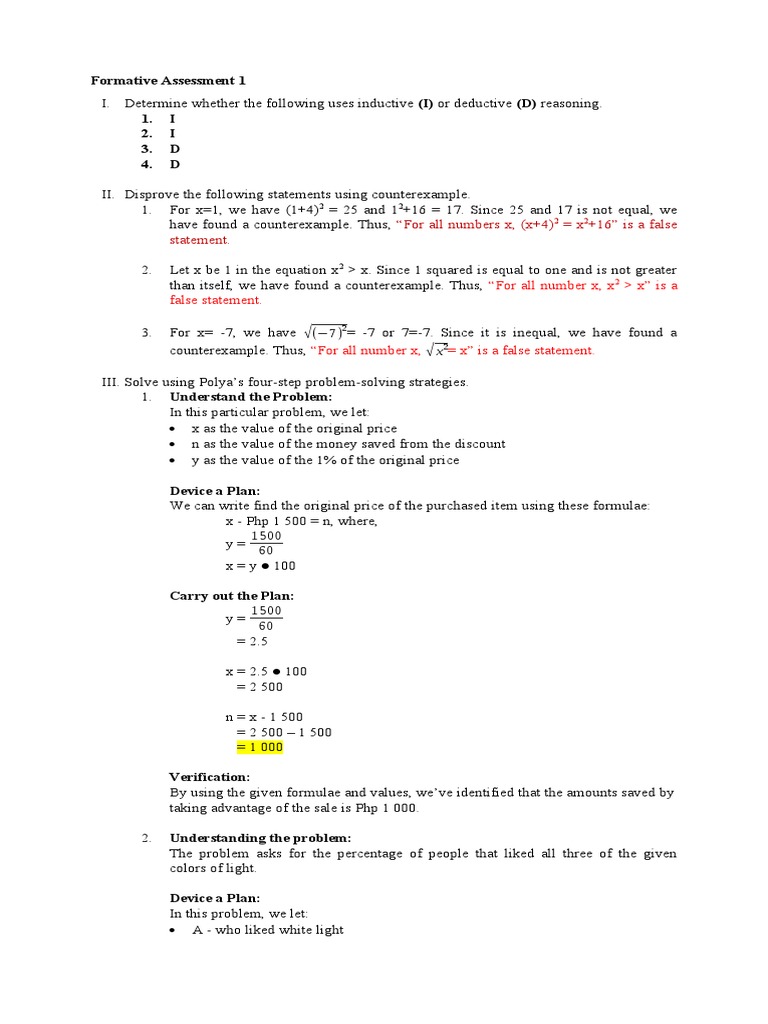 Formative Assessment 1 | PDF | Logic | Teaching Mathematics