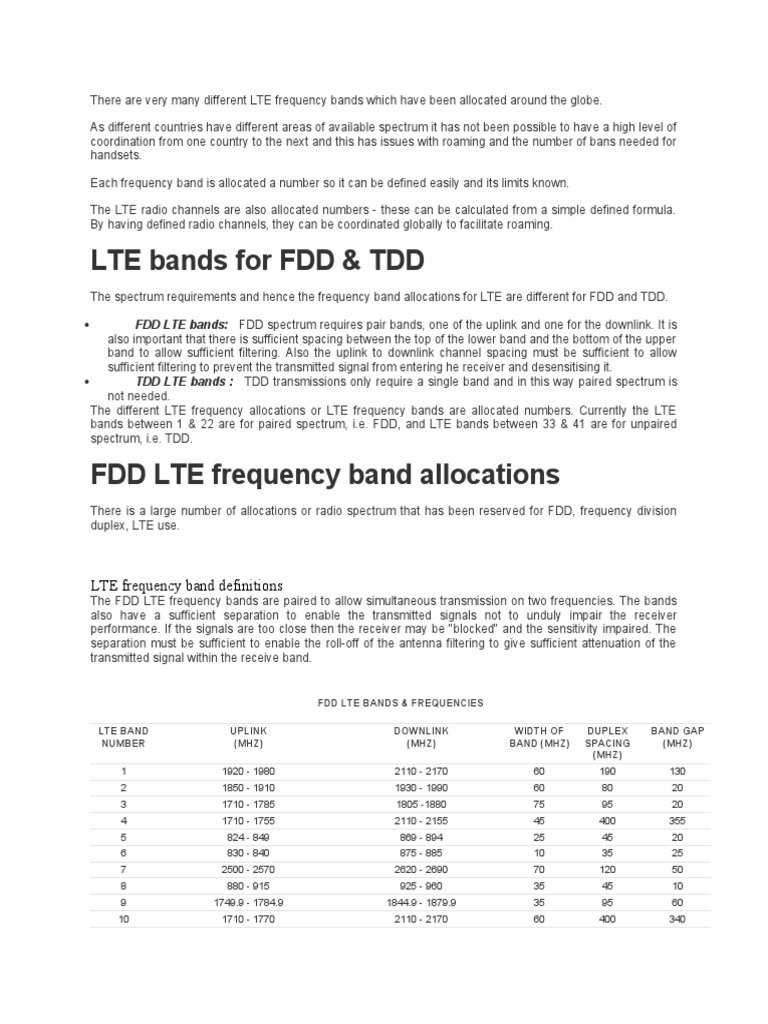 LTE Bands For FDD & TDD: LTE Frequency Band Definitions | Download Free ...