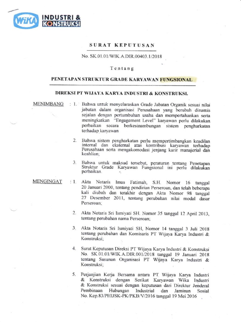 Surat Keputusan Penetapan Struktur Grade Karyawan Fungsional | PDF