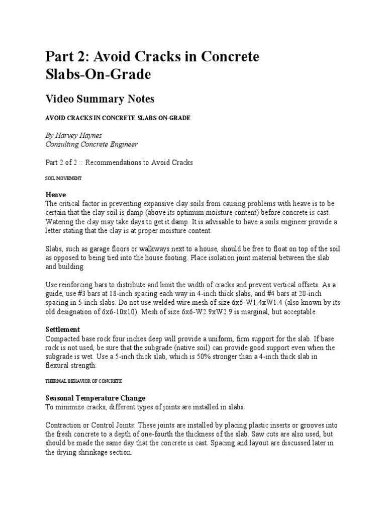 Part 2: Avoid Cracks in Concrete Slabs-On-Grade: Video Summary Notes ...