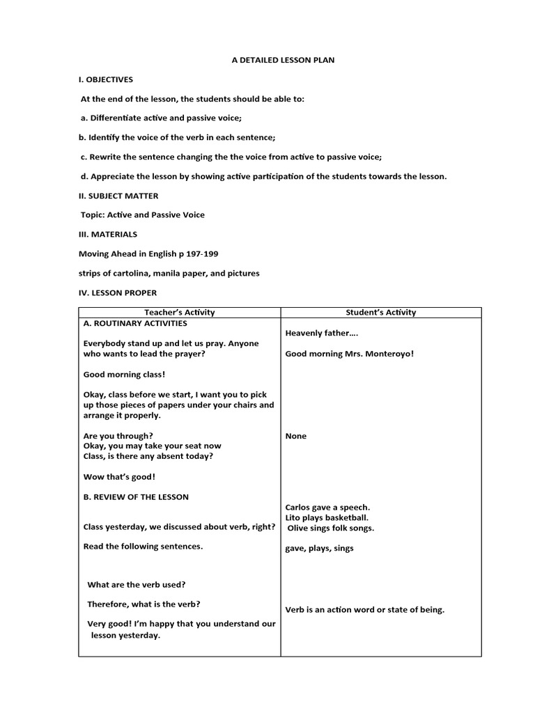 A DETAILED LESSON PLAN in Active and Passive Voice | PDF | Subject ...