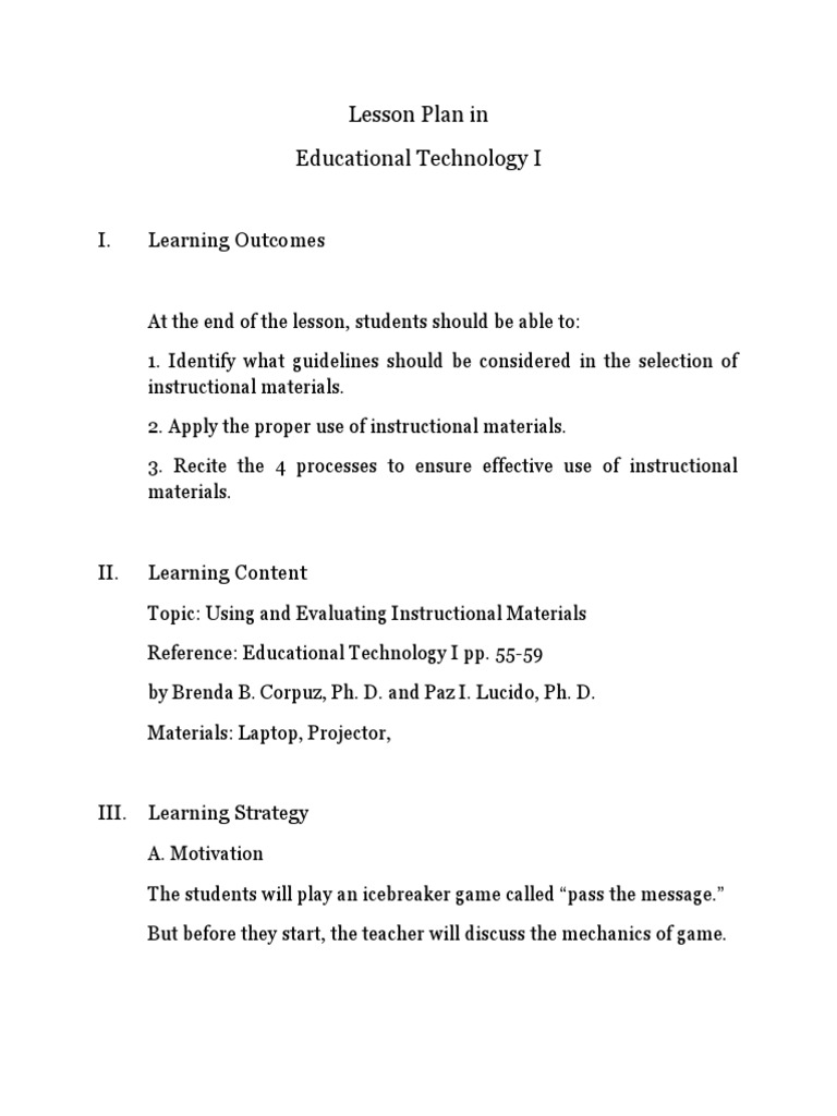 Lesson Plan in Ed Tech 1 | PDF | Lesson Plan | Educational Technology