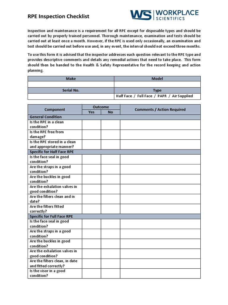 RPE Monthly Inspection Checklist | PDF | Occupational Safety And Health | Workplace