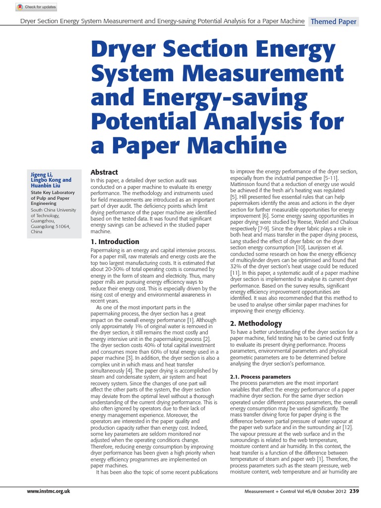 Dryer Section Energy System Measurement and Energy-Saving Potential ...