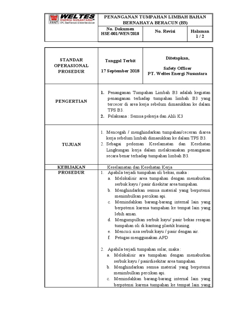 Prosedur Penanganan Tumpahan B3 | PDF | Teknologi & Rekayasa
