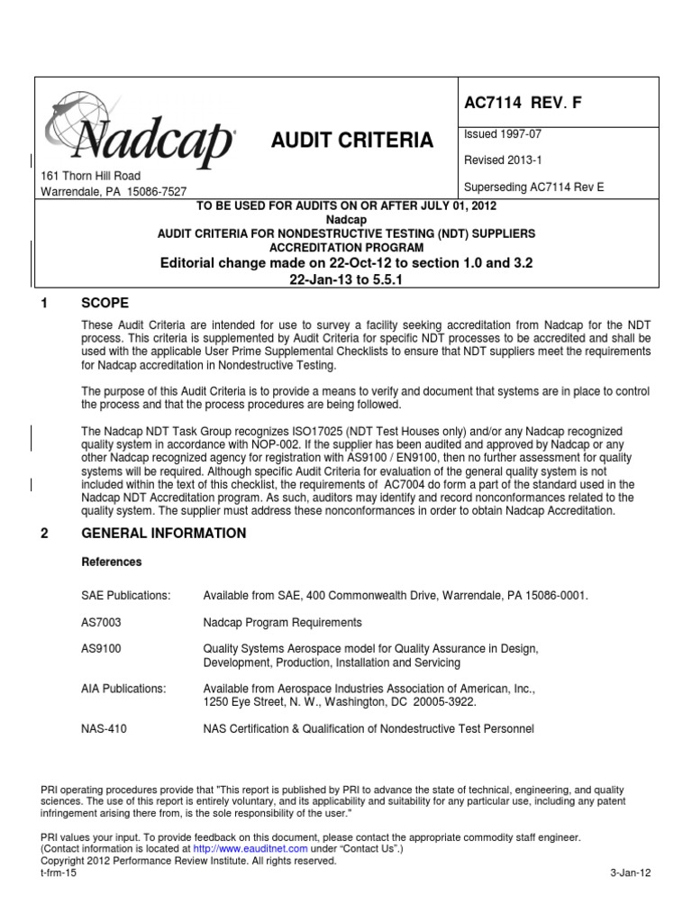 NADCAP AC7114 Rev F | PDF | Test (Assessment) | Nondestructive Testing