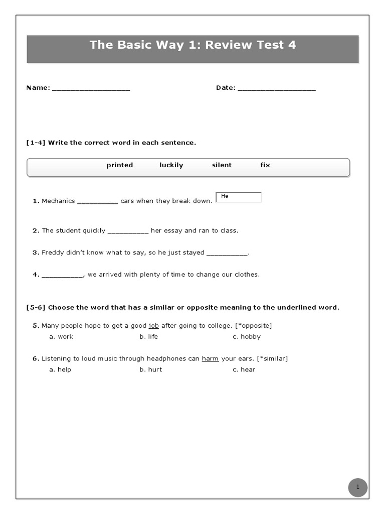 The Basic Way 1 (2nd) - Review Test 4 | PDF | Language Arts & Discipline