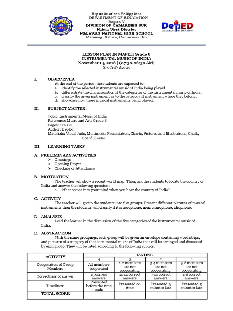 Lesson Plan in Mapeh-8 - Instrumental Music of Japan | PDF | Nonverbal ...