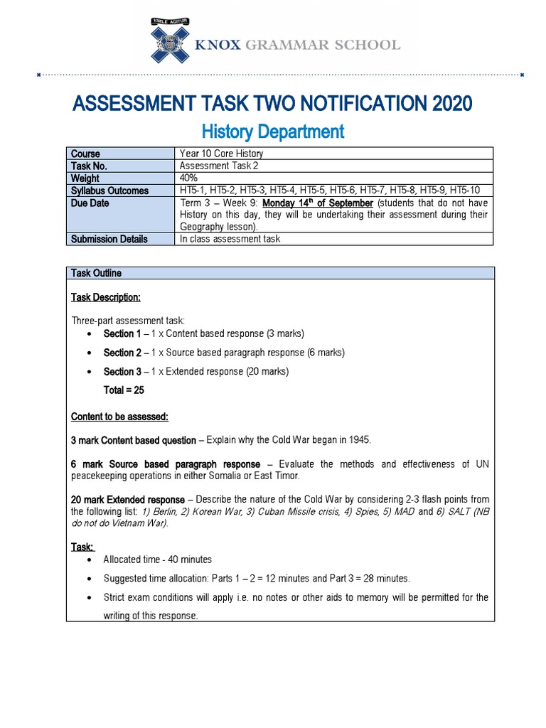 Assessment Task Two Notification 2020: History Department | PDF ...