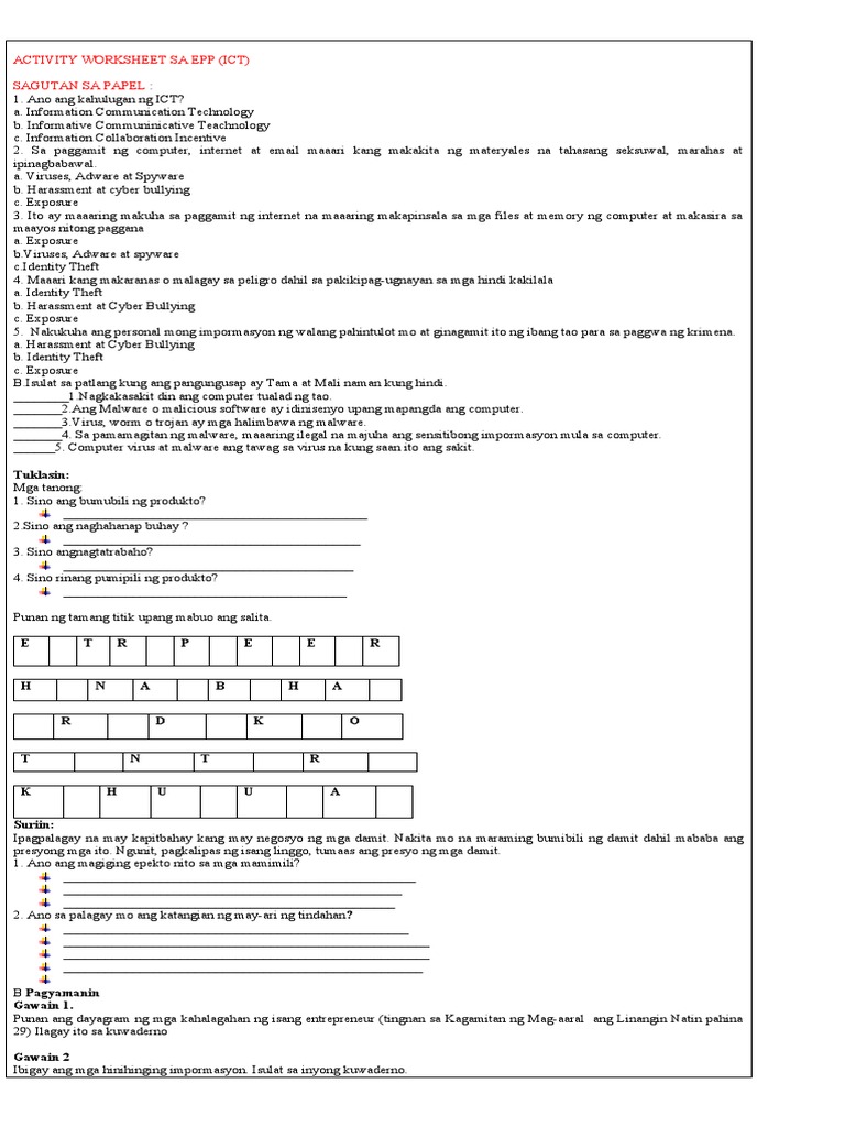Activity Worksheet Sa Epp | PDF