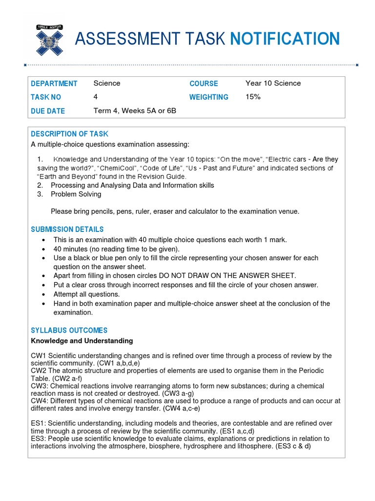 Year 10 Science Assessment Task 42020 Notification | PDF | Multiple ...