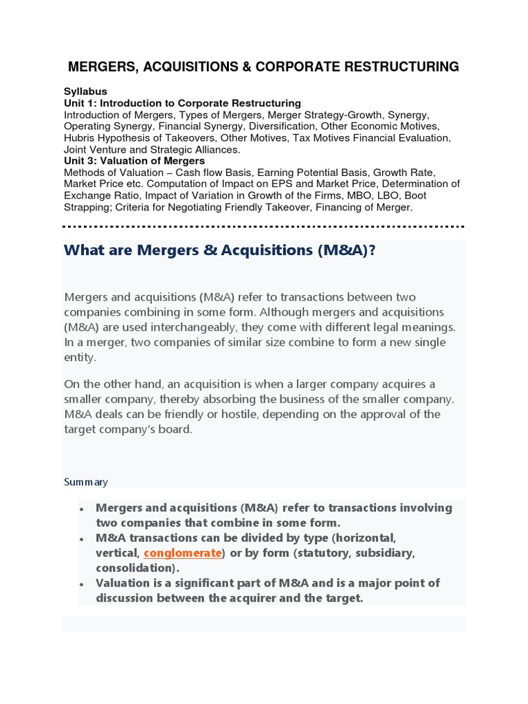 Merger &acquisition | PDF | Goodwill (Accounting) | Leveraged Buyout