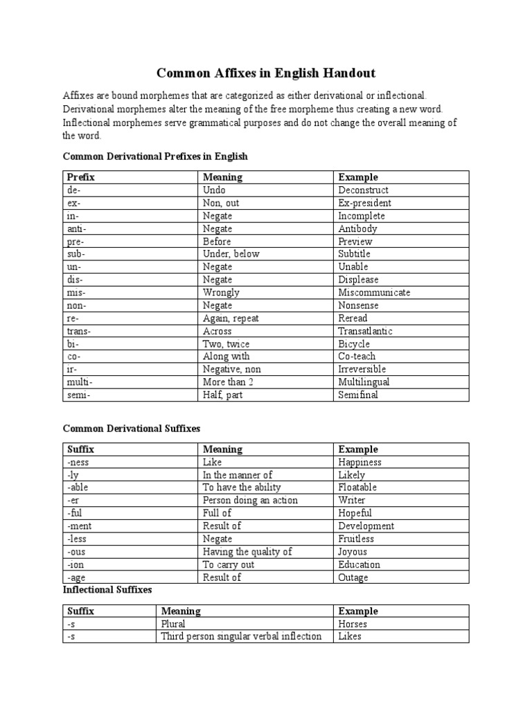 Common Affixes in English Handout | PDF