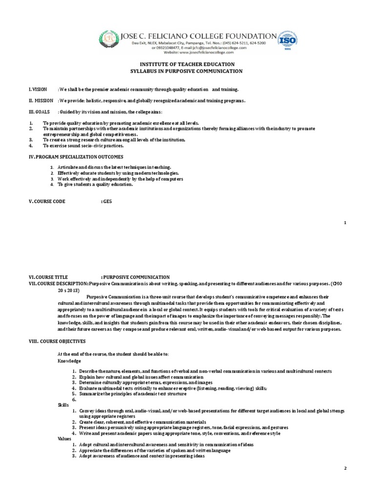 Purposive Communication Syllabus Guide | PDF | Cross Cultural ...