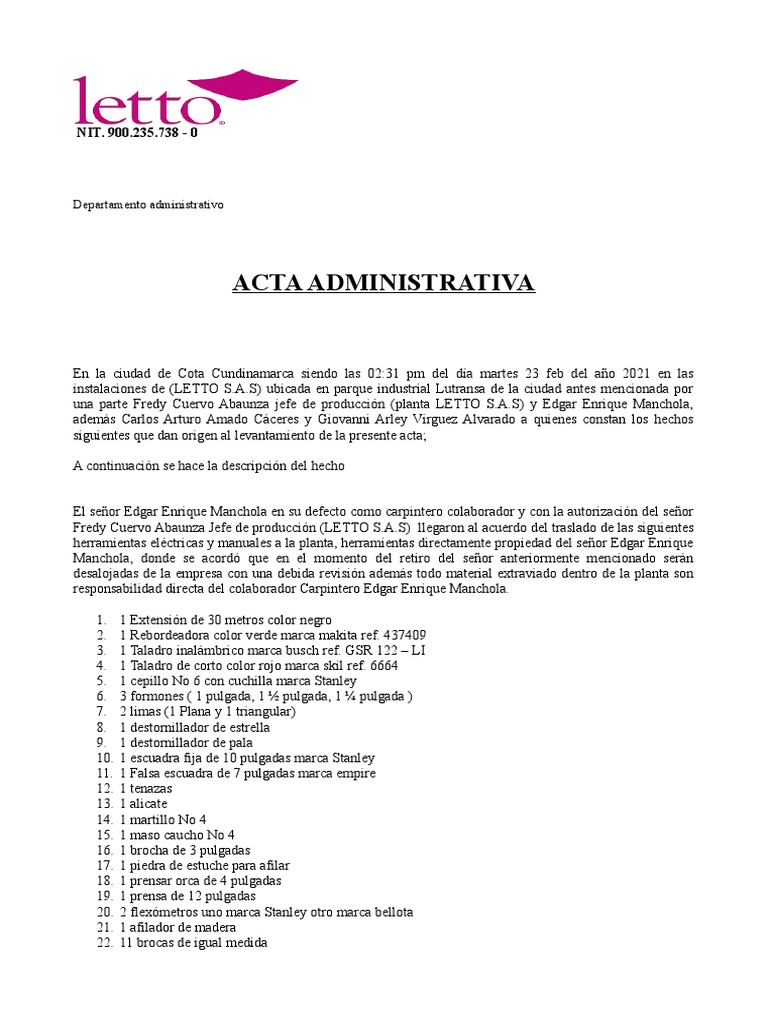 Formato Carta Administrativa | PDF | Perforar | Violencia