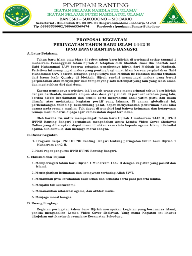 Contoh Proposal Kegiatan 1 Muharram IPNU IPPNU Bangsri | PDF