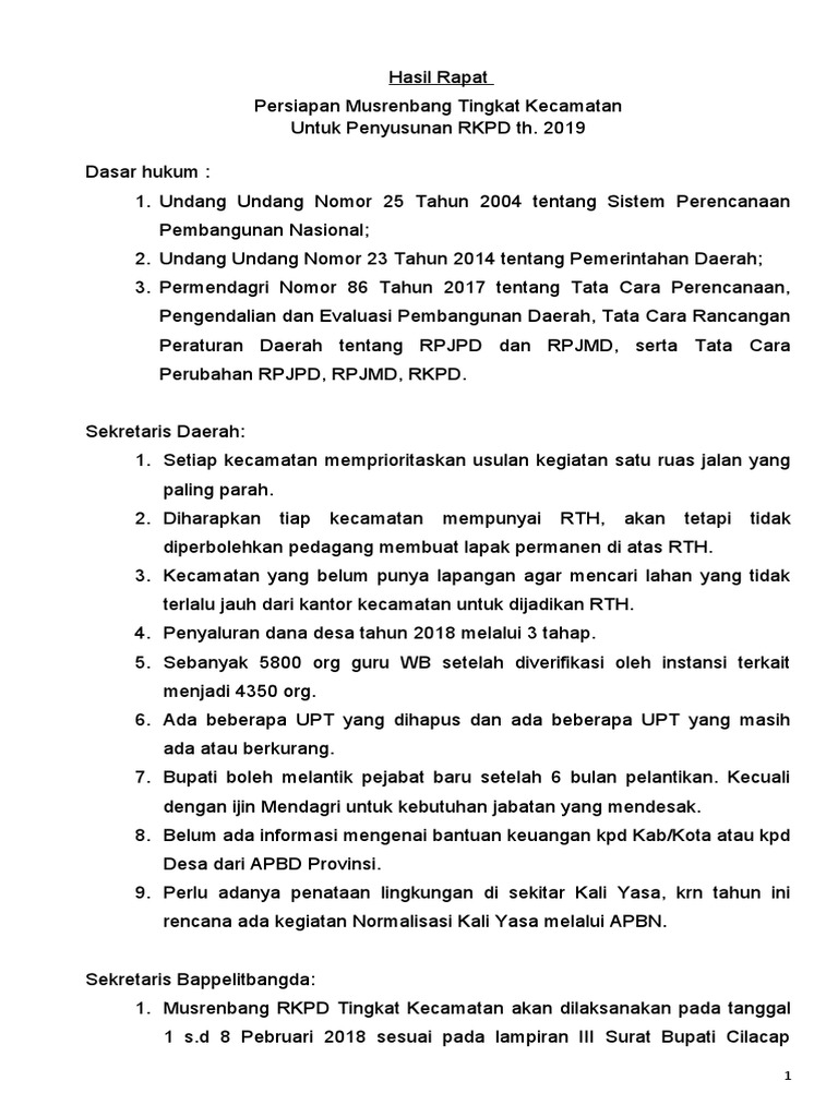 Notulen Rapat Persiapan Musrenbang Kecamatan TH 2018 | PDF
