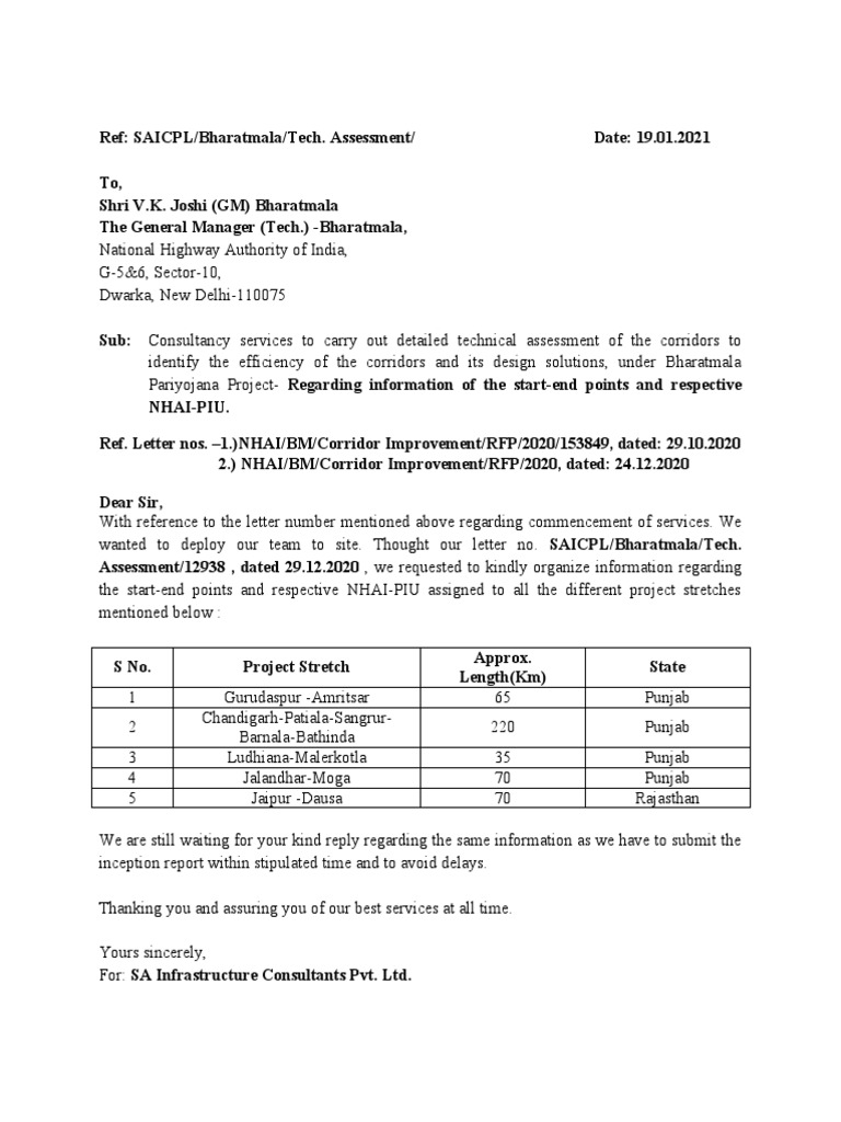 Letter Regarding NHAI PIU of Project 1 | PDF