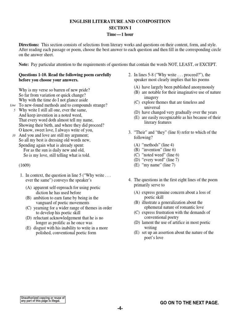 English Literature and Composition: Section I Time - 1 Hour Directions ...