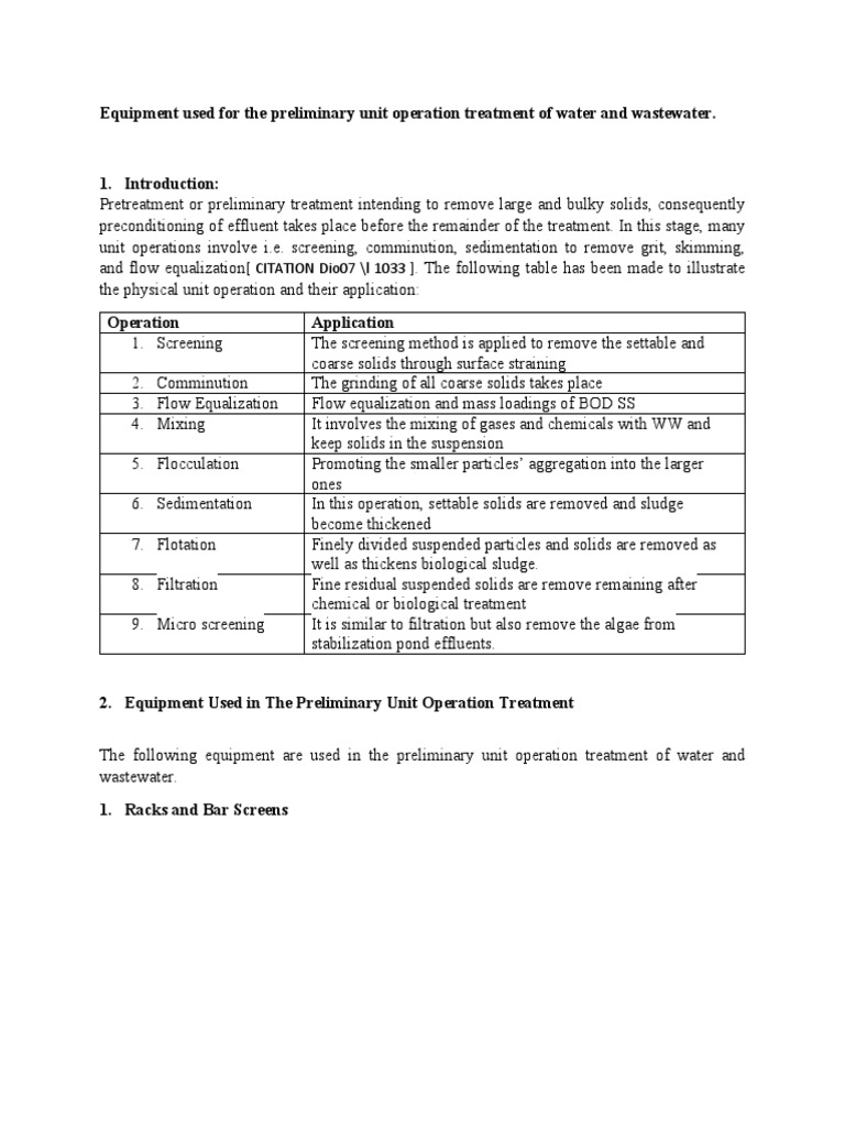 Equipment Use For The Preliminary Unit Operation Treatment of Water and ...