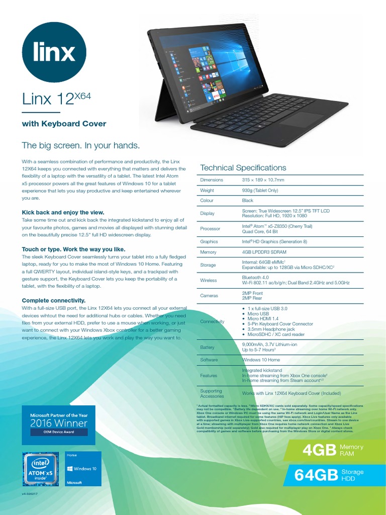 Linx 12x64 Data Sheet | PDF | Xbox | Tablet Computer