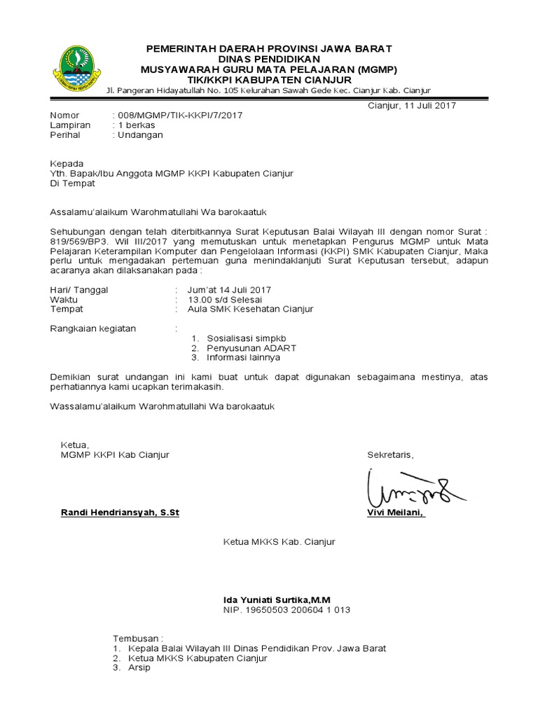 Surat Undangan Rapat MGMP KKPI | PDF