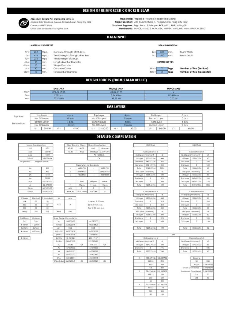 Design of Reinforced Concrete Beam: 2 Legs Number of Ties (Vertical) 2 ...