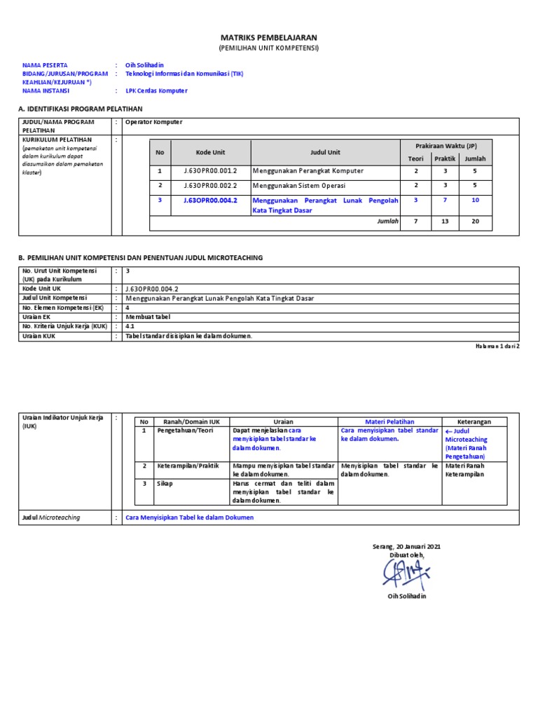 Contoh Matriks Pembelajaran | PDF