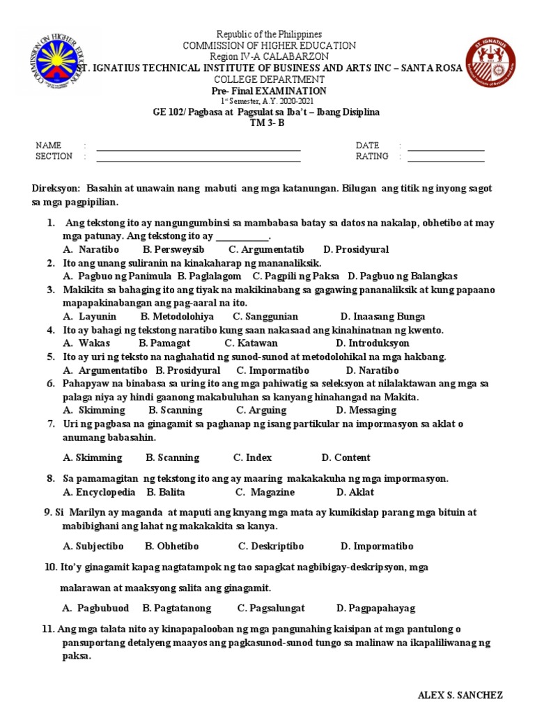 Ge 102 Pre Final Examination | PDF