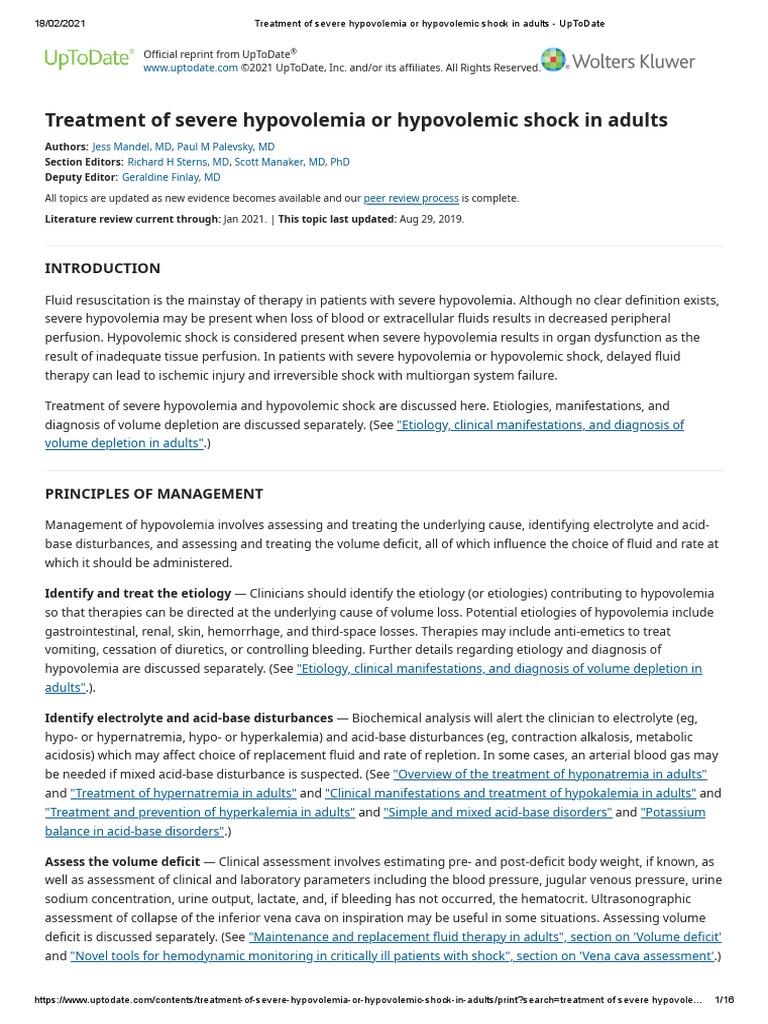 Treatment of Severe Hypovolemia or Hypovolemic Shock in Adults ...