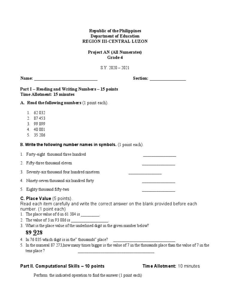 Grade 4 With Answer Key | PDF | Teaching Mathematics