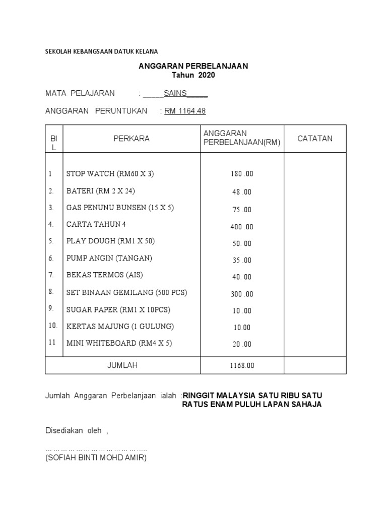 Borang Anggaran Perbelanjaan Panitia Sains | PDF