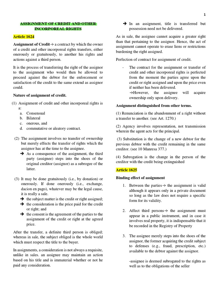 Assignment of Credit and Other Incorporeal Rights Article 1624 ...
