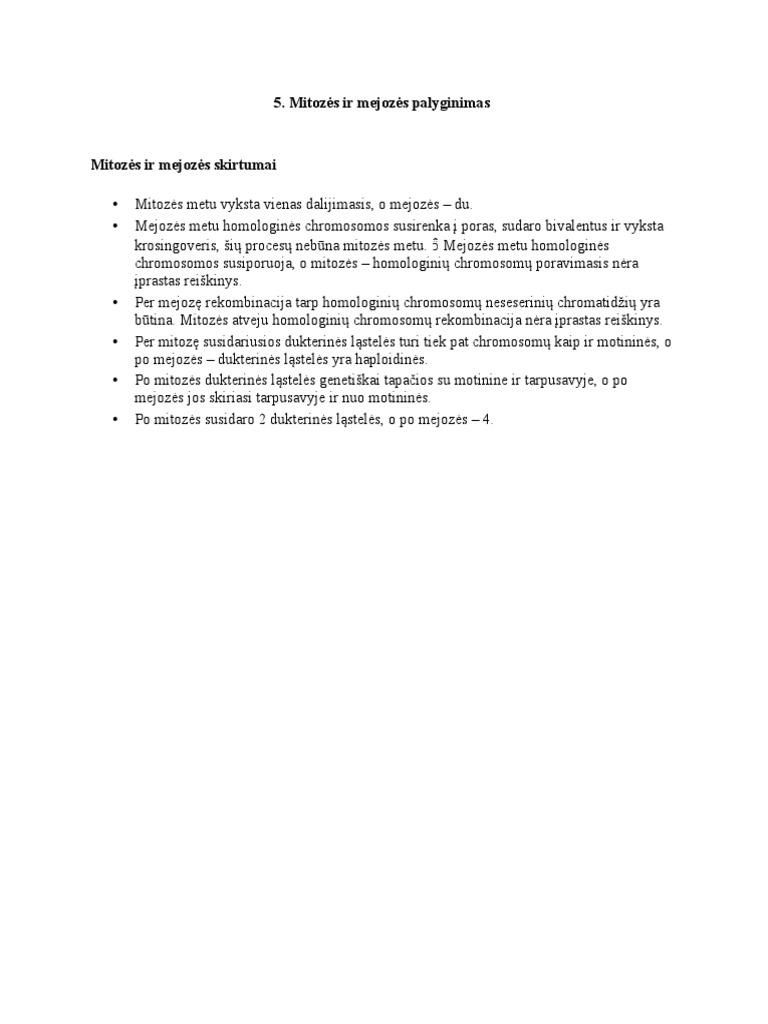 Mitozes Ir Mejozes Palyginimas 11 Klase | PDF