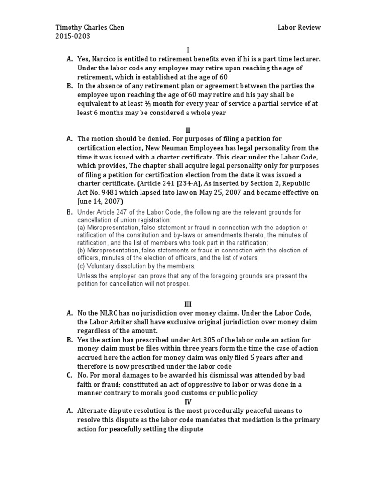 B. Under Article 247 of The Labor Code, The Following Are The Relevant ...